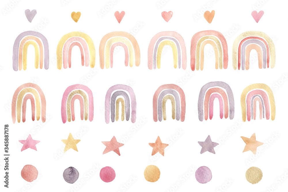 Watercolor primitive rainbow. All elements are hand painted and ...