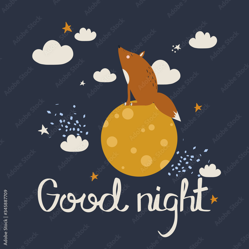 Hand drawn illustration with fox, moon, stars and lettering. Colorful ...
