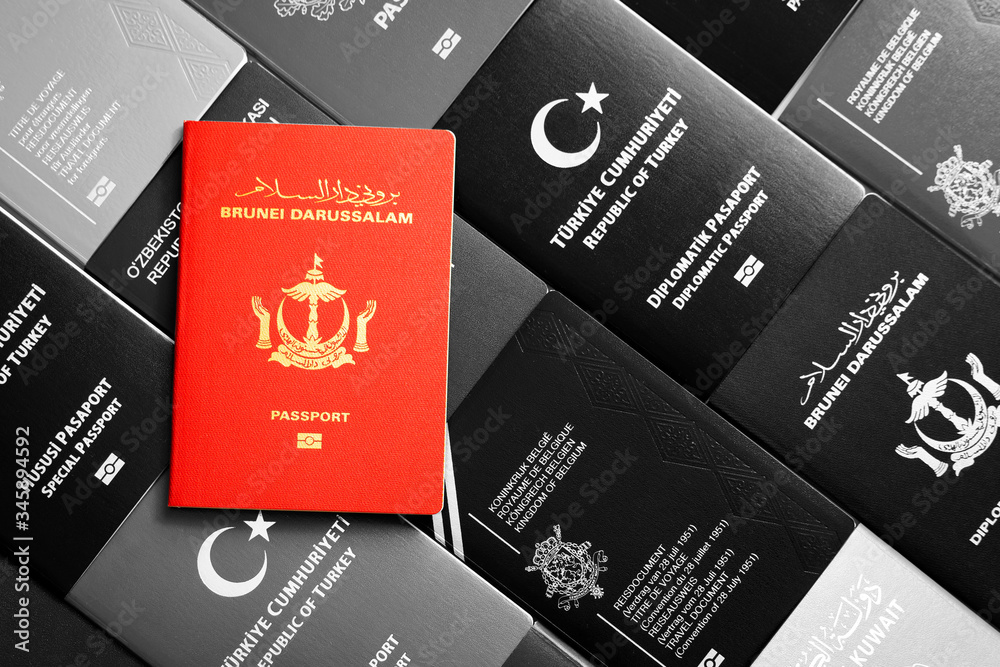 Red biometric passport of Brunei Darussalam on monochrome background of ...