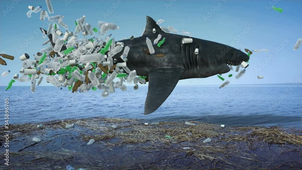 A large white shark flies over the surface of the ocean surrounded by ...