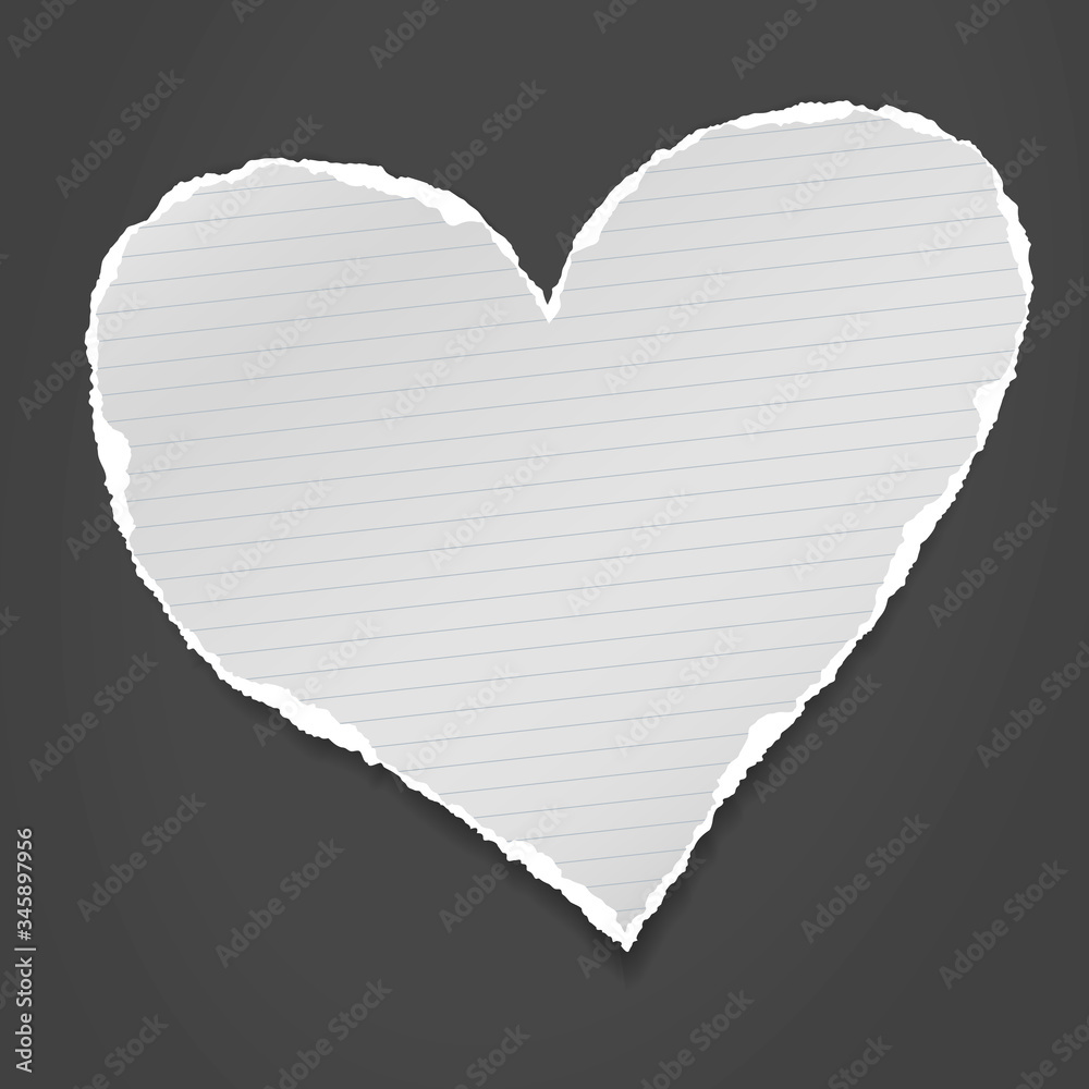 Piece of white torn paper heart with soft shadow stuck on black ...