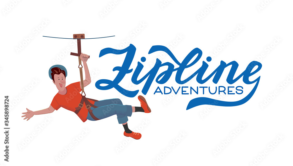 Vector script logo Zipline adventures with illustration. Cheerful man ...