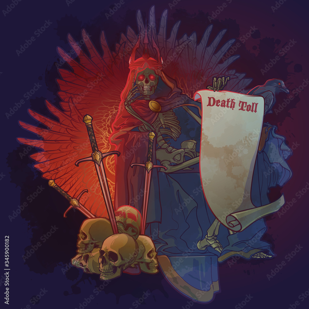 Allegoric painting of war casualties. Human skeleton wrapped in cloak ...