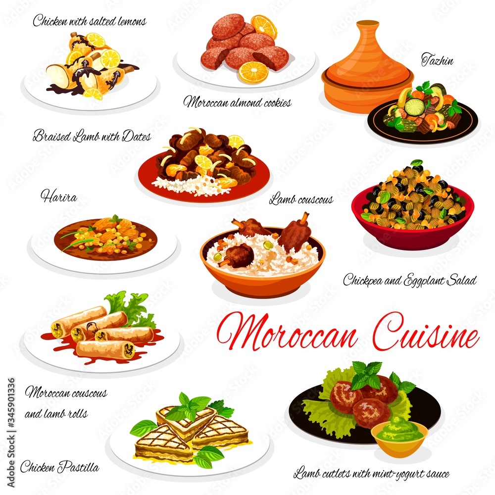 Moroccan cuisine dishes, Morocco authentic restaurant menu, vector food ...