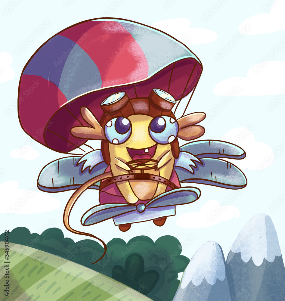 funny monster flying on a plane with an open parachute Stock ...