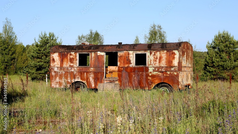 Radioactive bus in the Chernobyl exclusion zone. Chernobyl symbol Stock ...