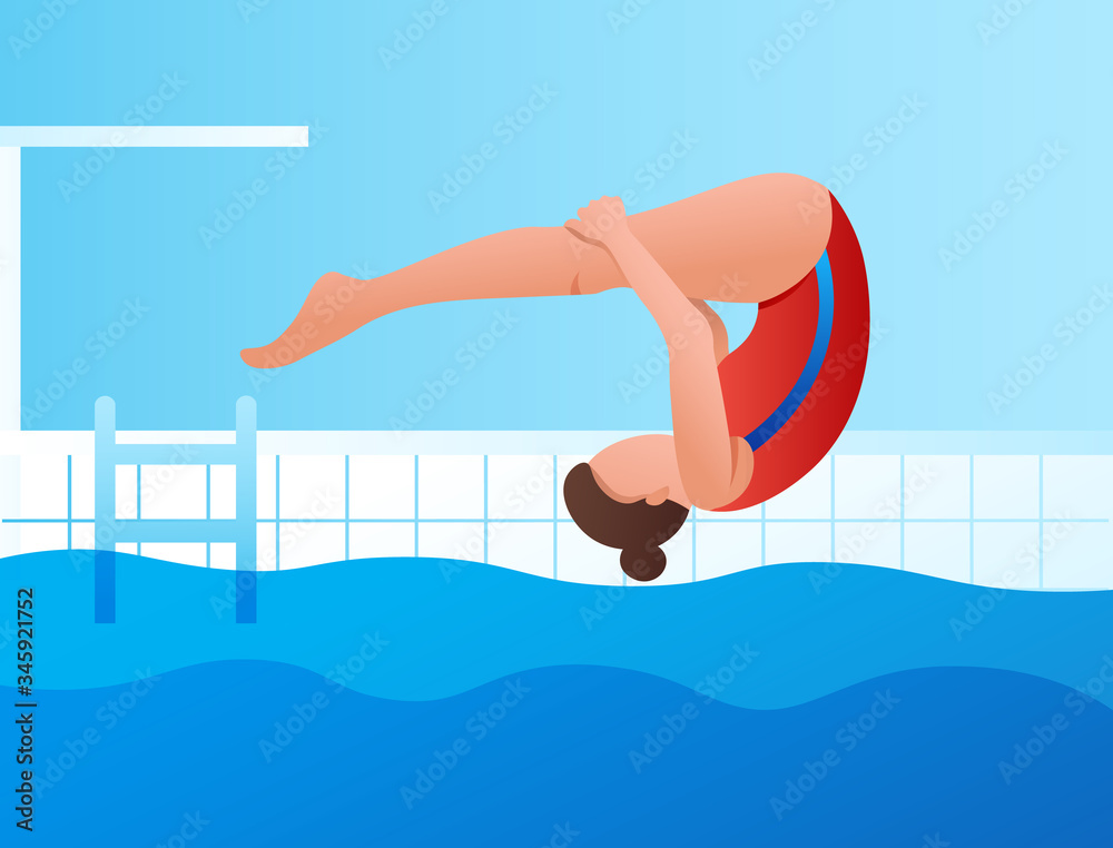 a girl jumps from a springboard into a pool of water. Sports ...