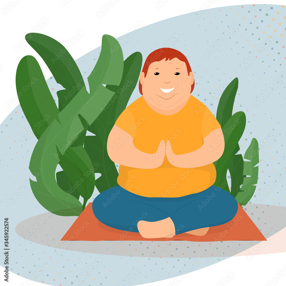 Fat boy does fitness on the mat. Body positive, meditation for children ...