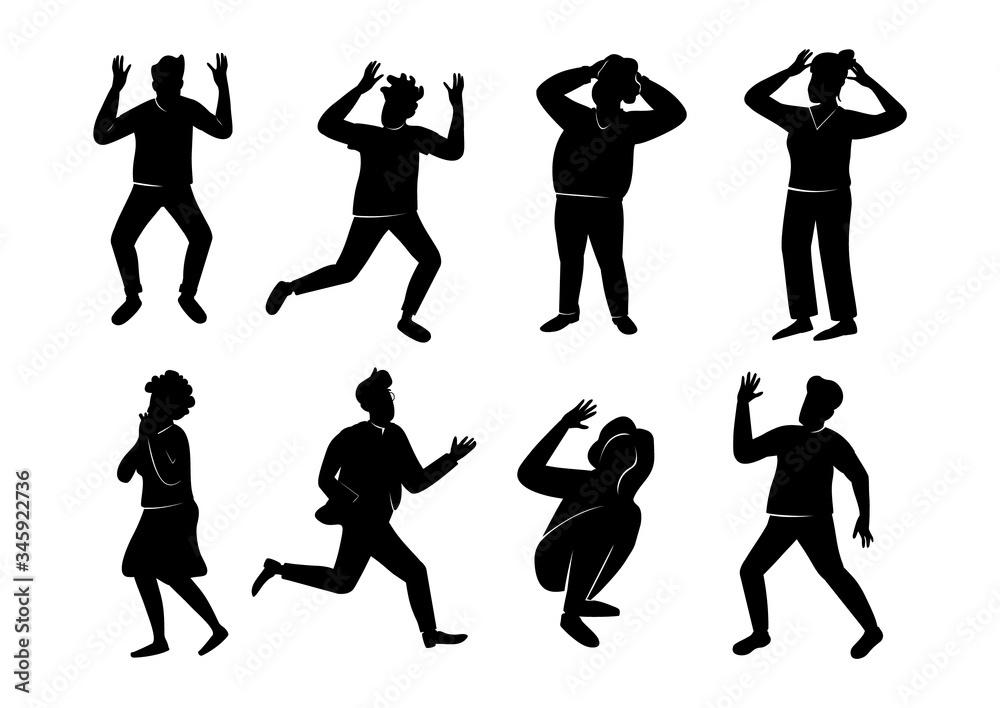 Panic attack black silhouette vector illustrations kit. Panicking ...