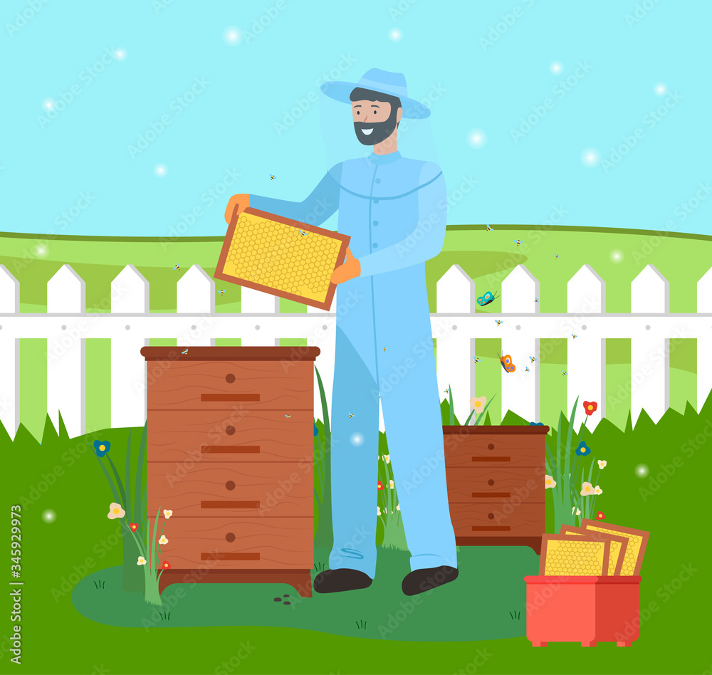 Bearded beekeeper wearing blue protection suit hold a honeycombs ...