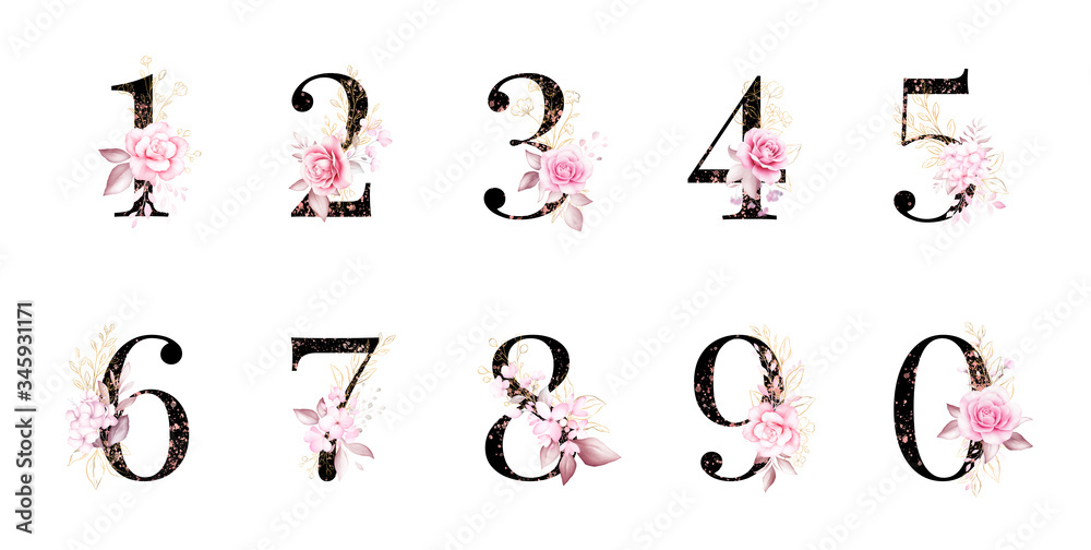 Watercolor floral number set. Digits 1, 2, 3, 4, 5, 6, 7, 8, 9, 0 with ...