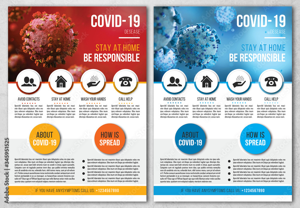 Covid-19 Flyer Layout with Blue and Orange Accents Stock Template ...