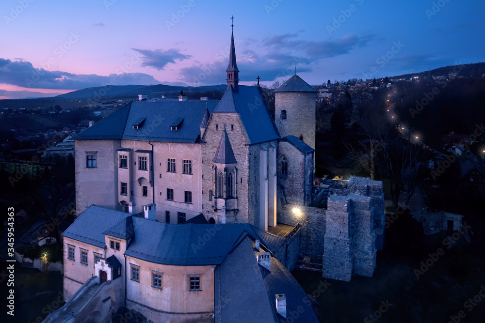 Castle Sternberk. Aerial, late evening view of medieval castle at the ...