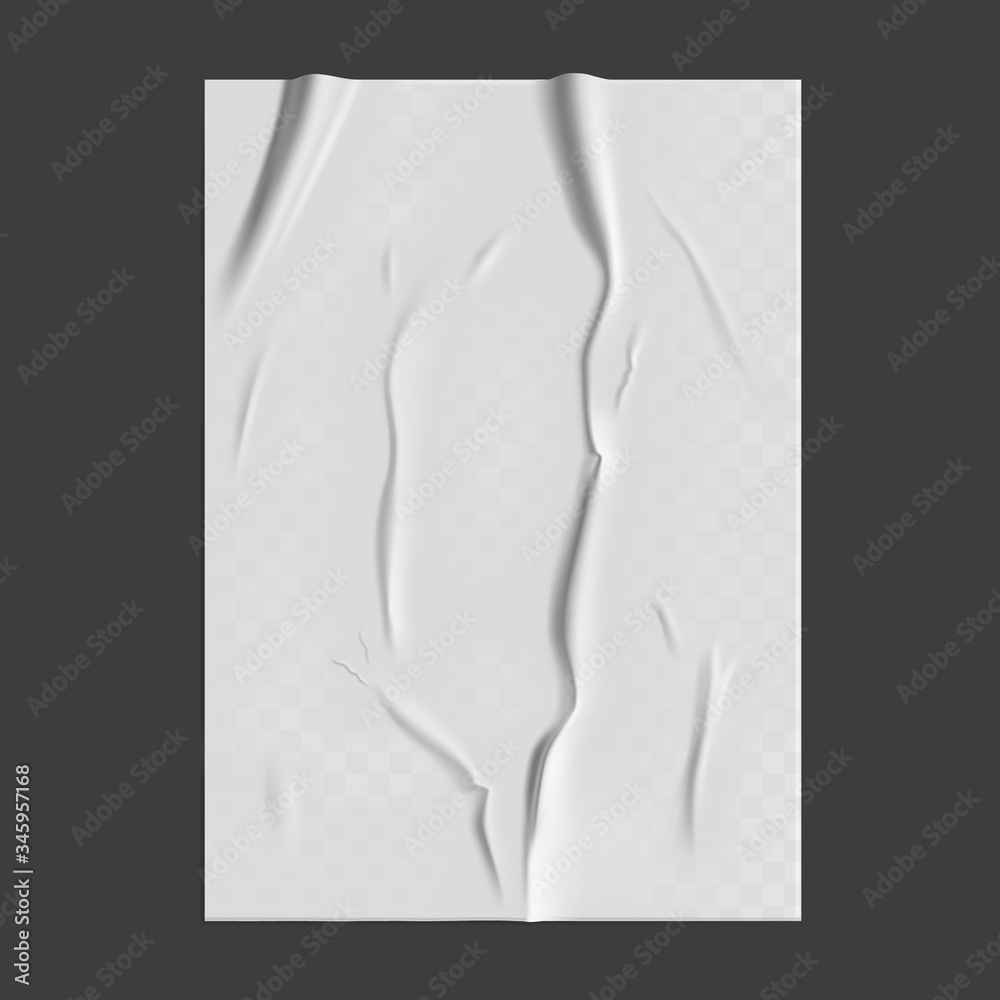 Glued paper with wet transparent wrinkled effect on gray background ...