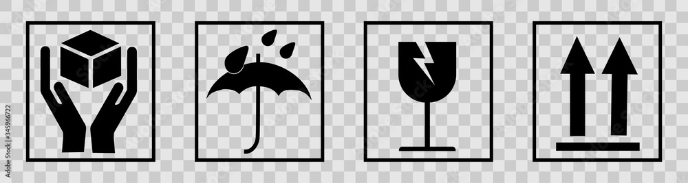 Fragile box, cargo warning vector signs. Set of fragile package icons ...