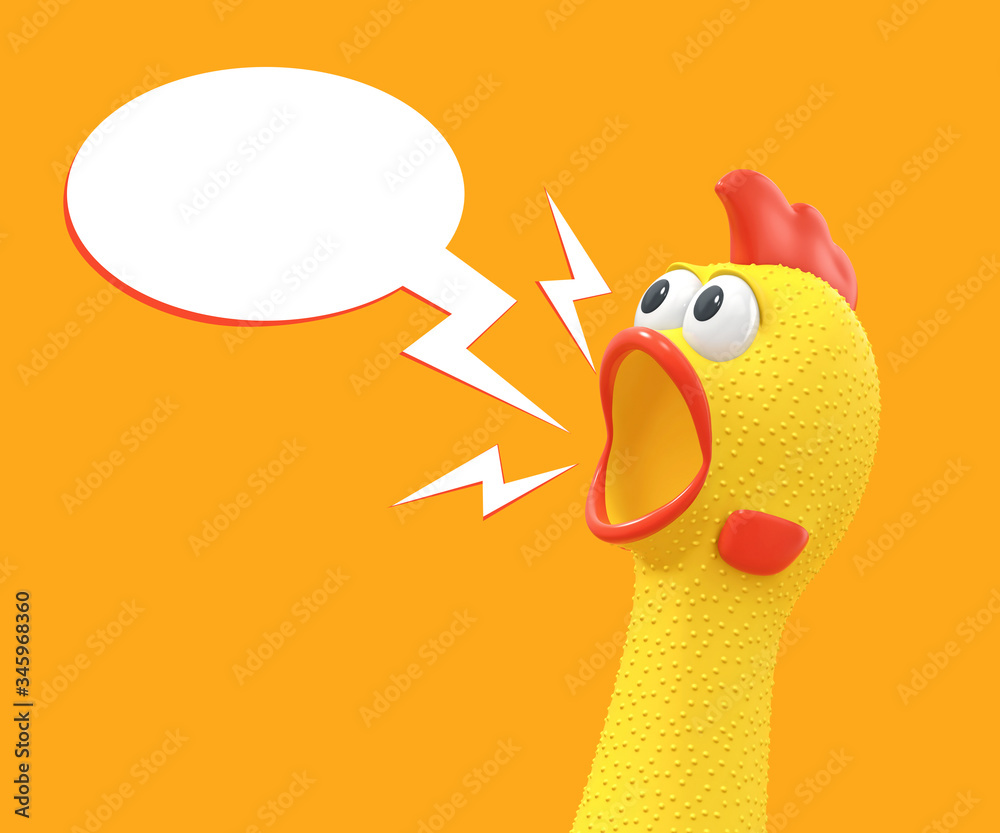 Screaming rubber chicken with speech bubble on orange background Stock ...