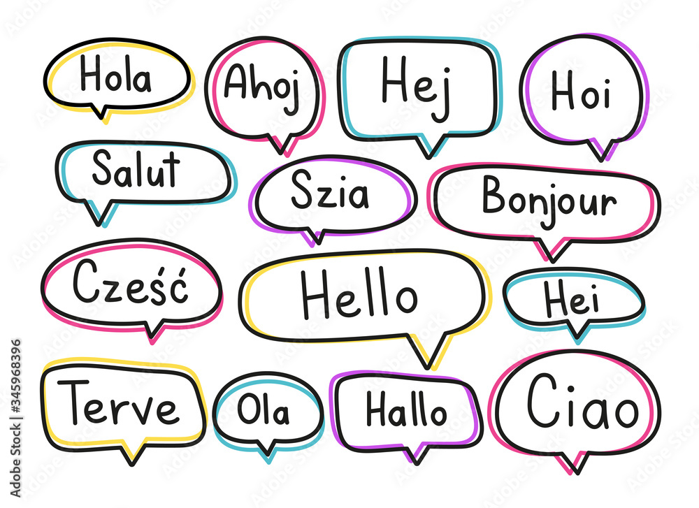 Greeting phrases in different languages. Handwritten lettering ...