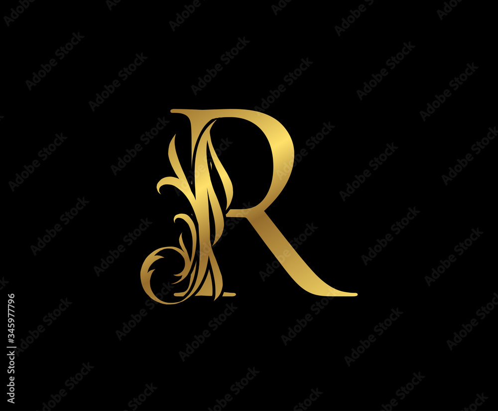 Classy Elegant Gold R Letter Floral logo. Vintage Swirl drawn emblem ...