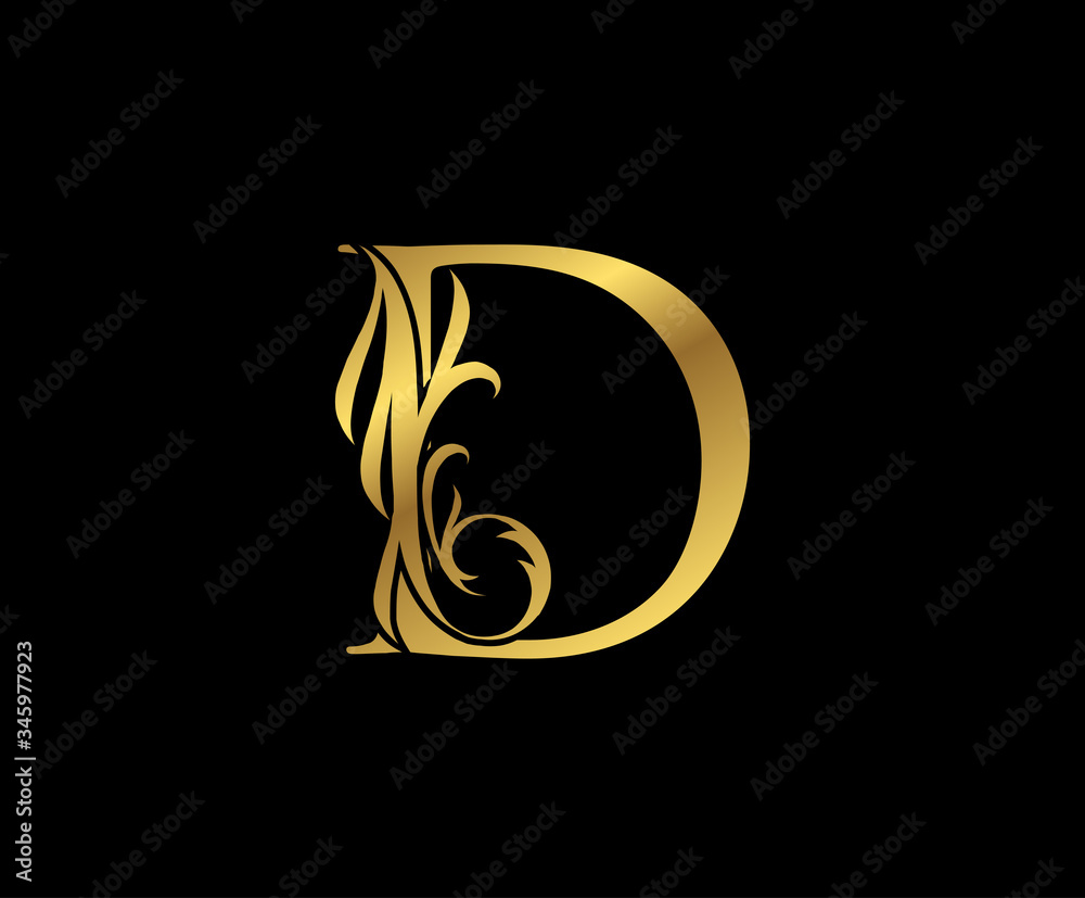 Classy Elegant Gold D Letter Floral logo. Vintage Swirl drawn emblem ...