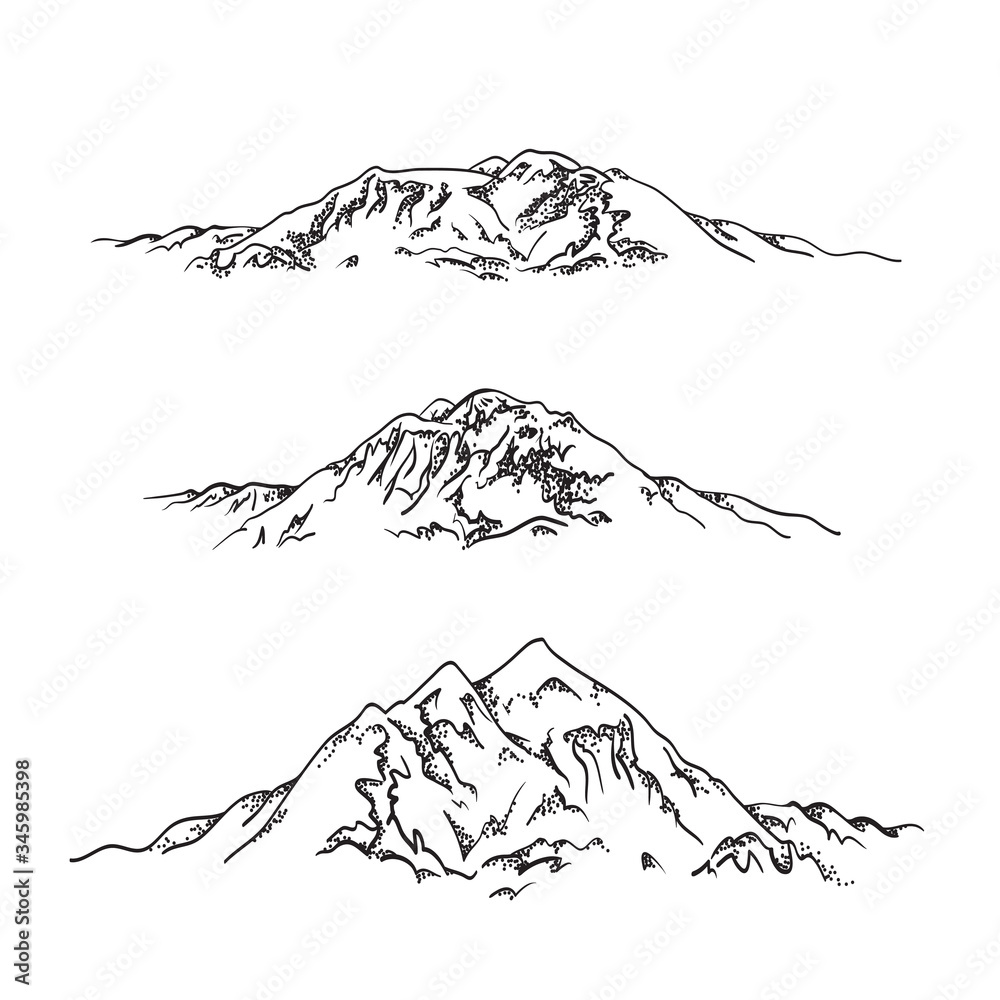 Set mountains sketch. Hand drawn vector illustration. Mountain travel ...