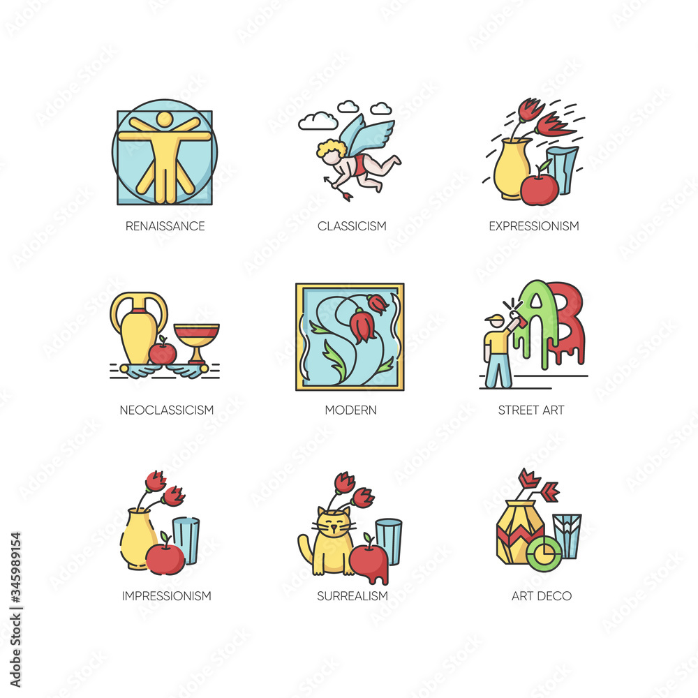 Art movements RGB color icons set. Artworks in surrealism ...