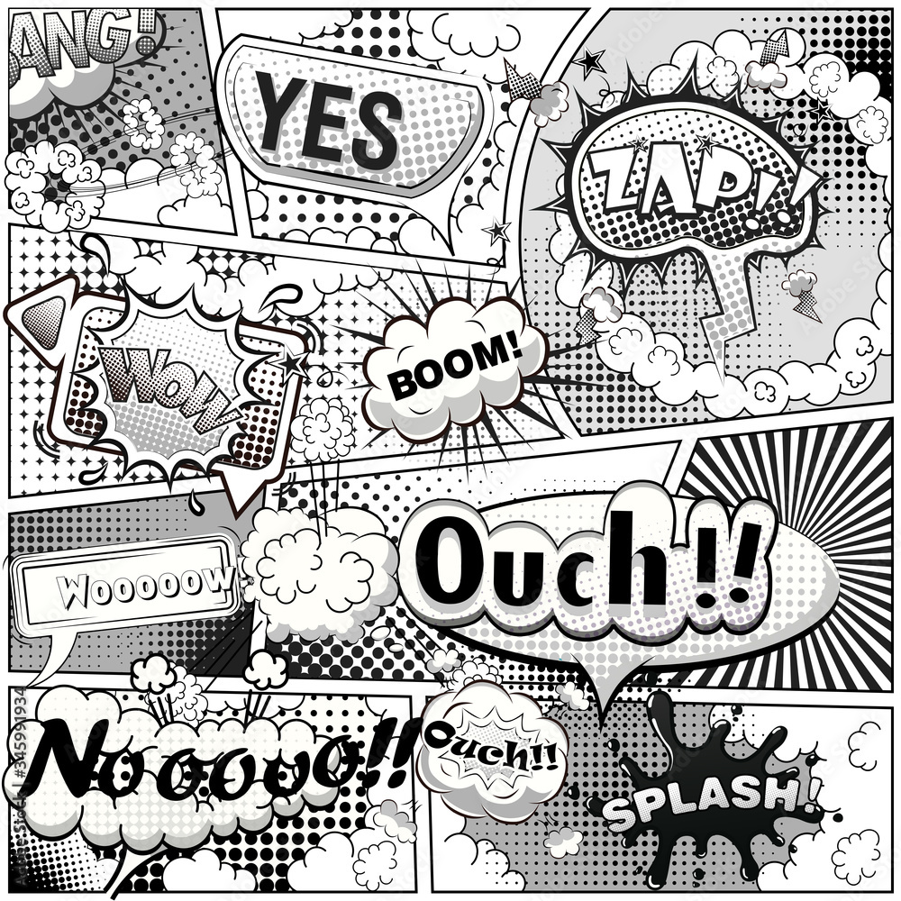 Black and white comic book page divided by lines with speech bubbles ...