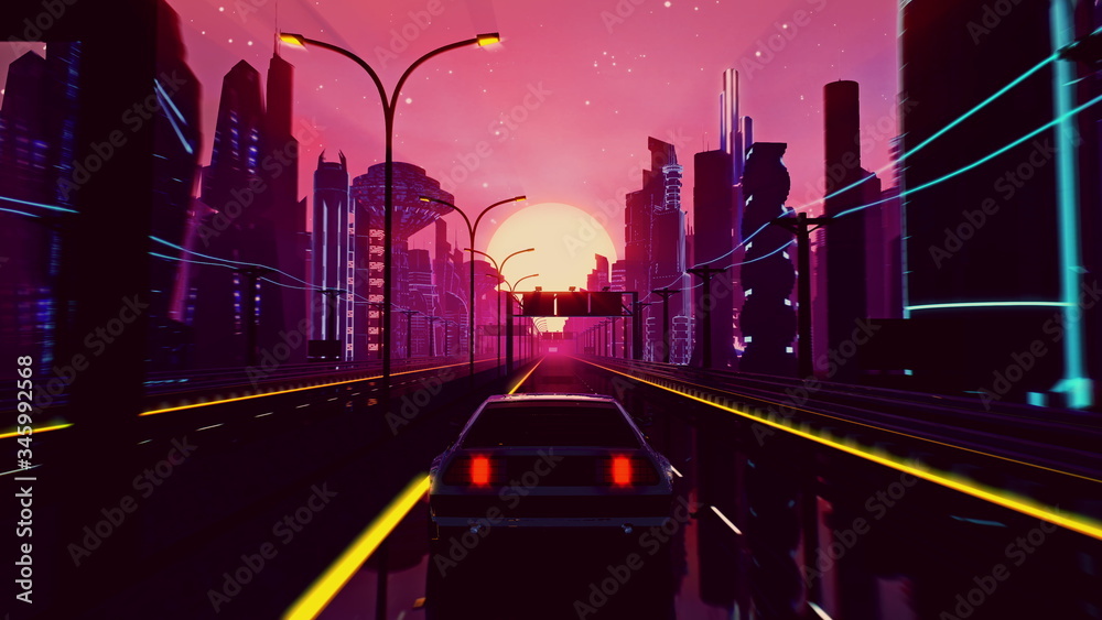 Retro-futuristic 80s style drive in neon city. Cyberpunk sunset landscape with a moving car on a ...