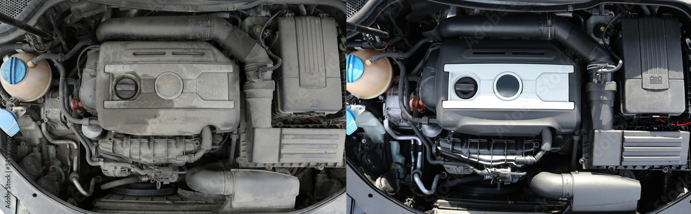 car engine before and after washing, collage. motor of the car before ...