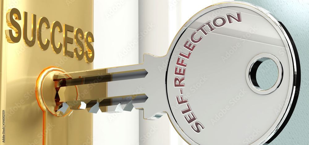 Self reflection and success - pictured as word Self reflection on a key ...