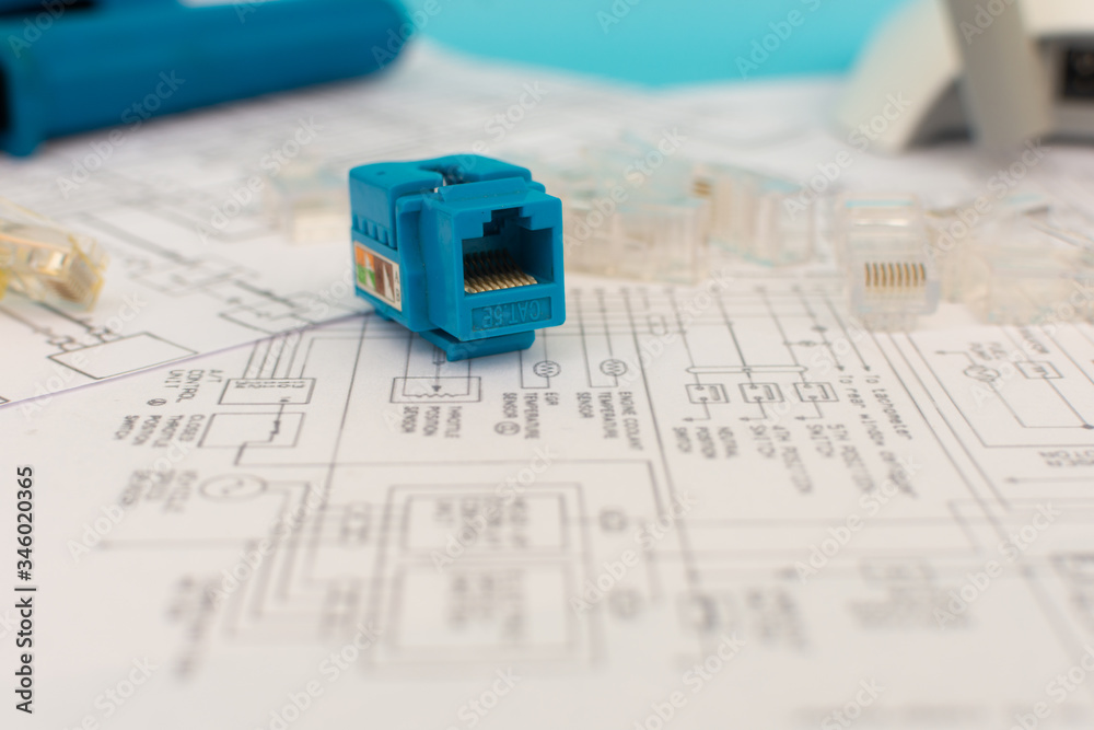 Internet and Network Technology: front view of UTP cable plugs, router ...
