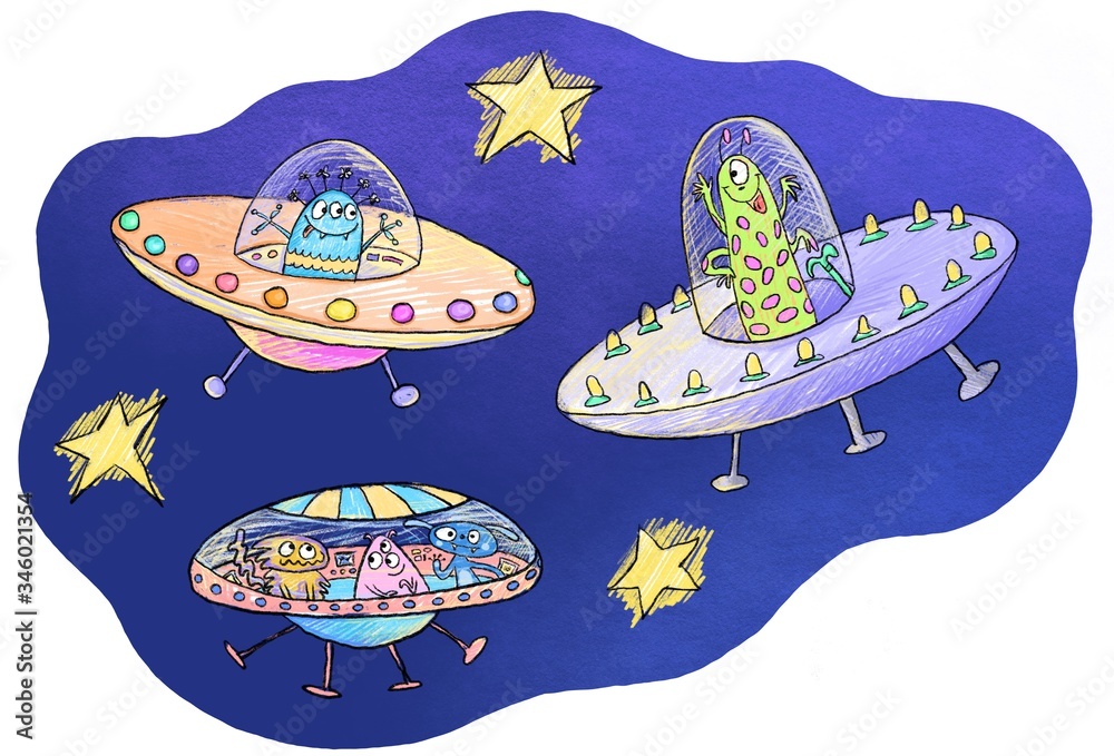 Hand drawn funny cartoon illustration of aliens on a spaceships flying ...