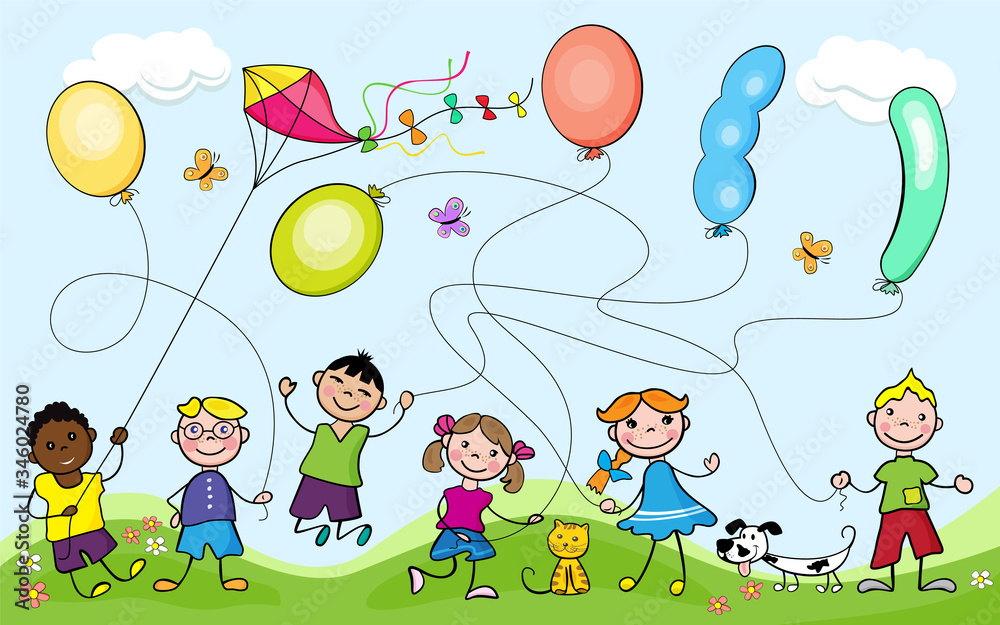 Kids playing with balloons and flying kite. Cartoon characters. Maze ...