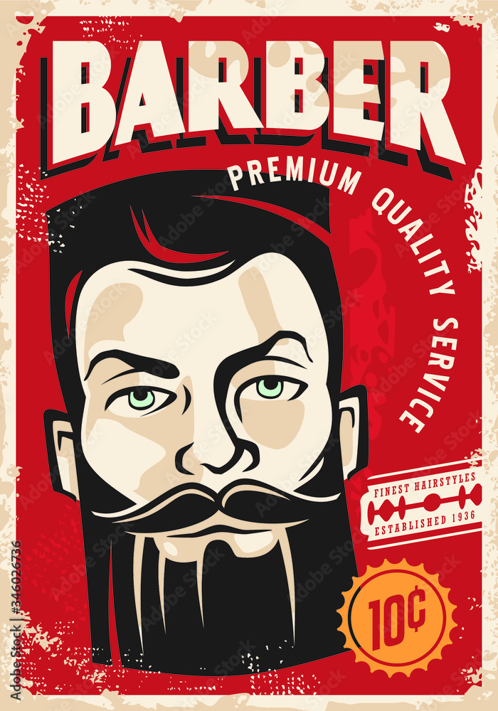Barber shop retro poster design with bearded man portrait on old paper ...