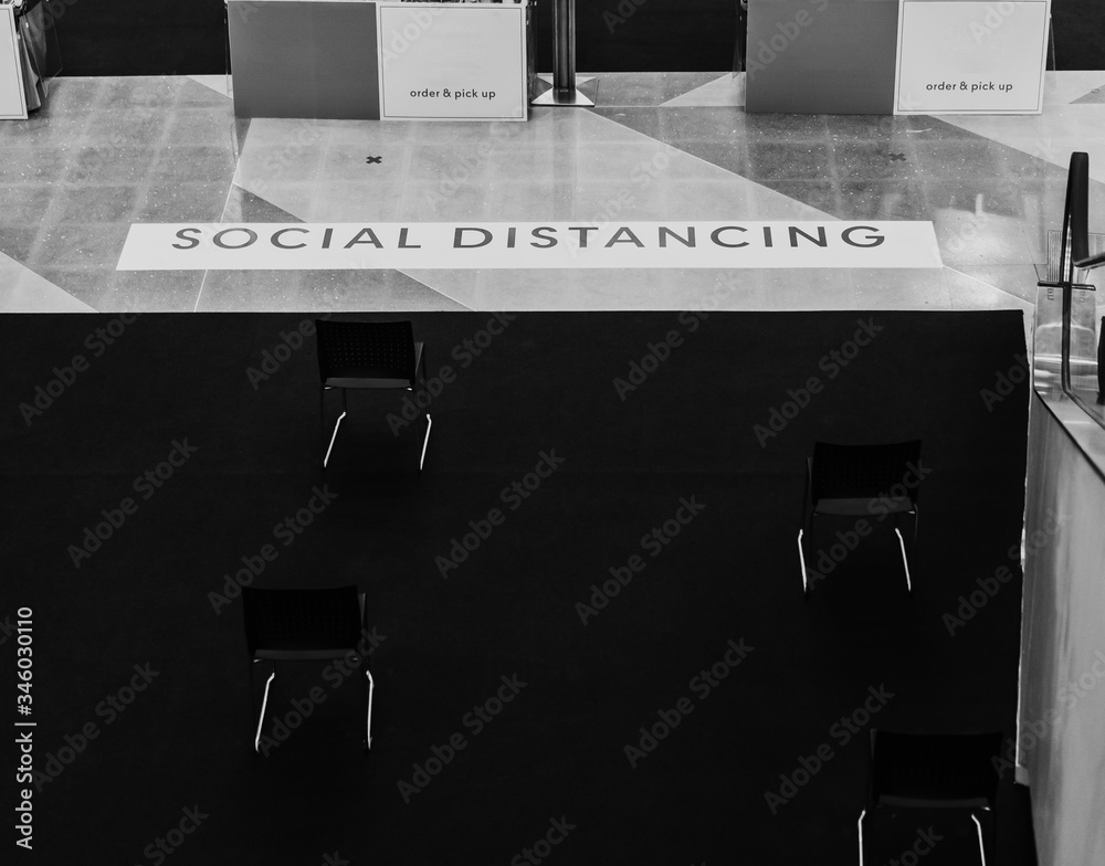 Social distancing.Top view of chairs seat in department store distance ...