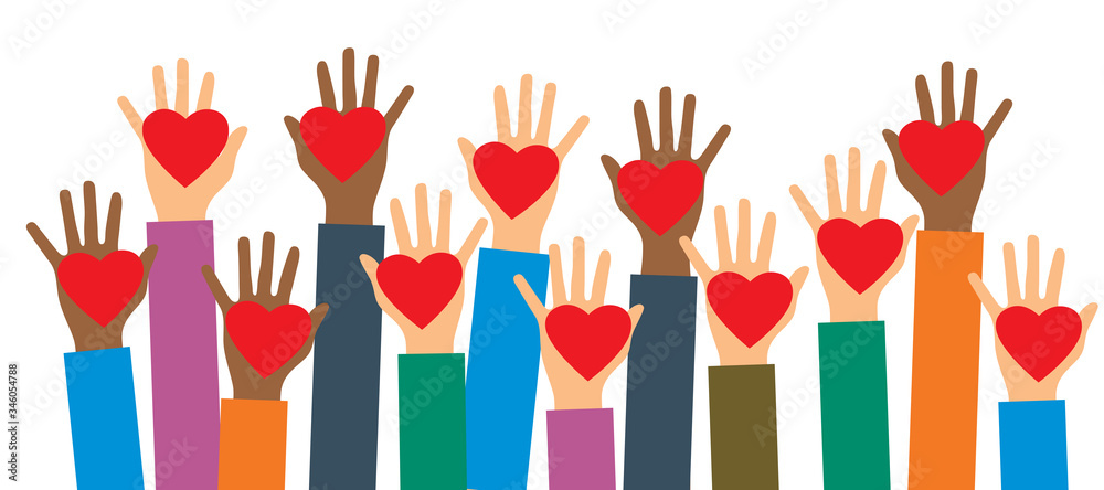 Hands of volunteers. Hands with heart in vector illustration. Charity ...