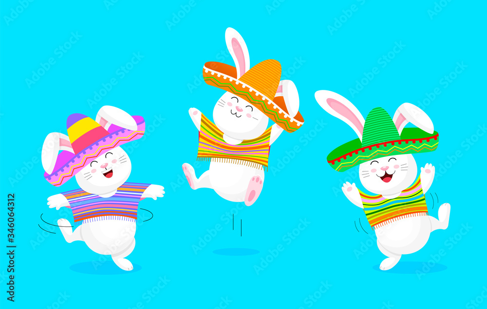 Mexican rabbit character set in vivid pocho and sombrero. Cute cartoon ...