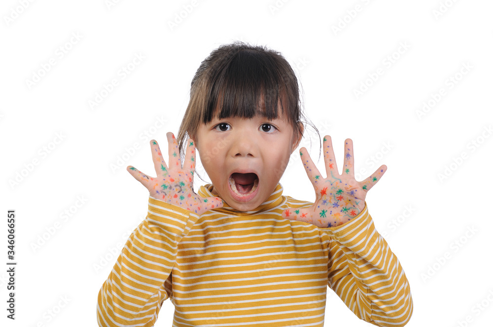 Baby health care for germs and touch concepts. A little Asian girl ...