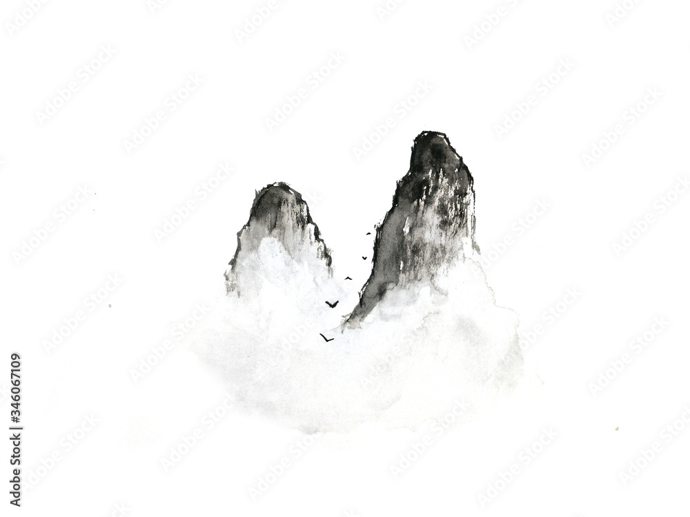 watercolor asian ink landscape chinese mountain fog . Traditional ...