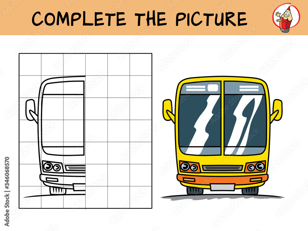 Complete the picture of a yellow bus. Copy the picture. Coloring book ...