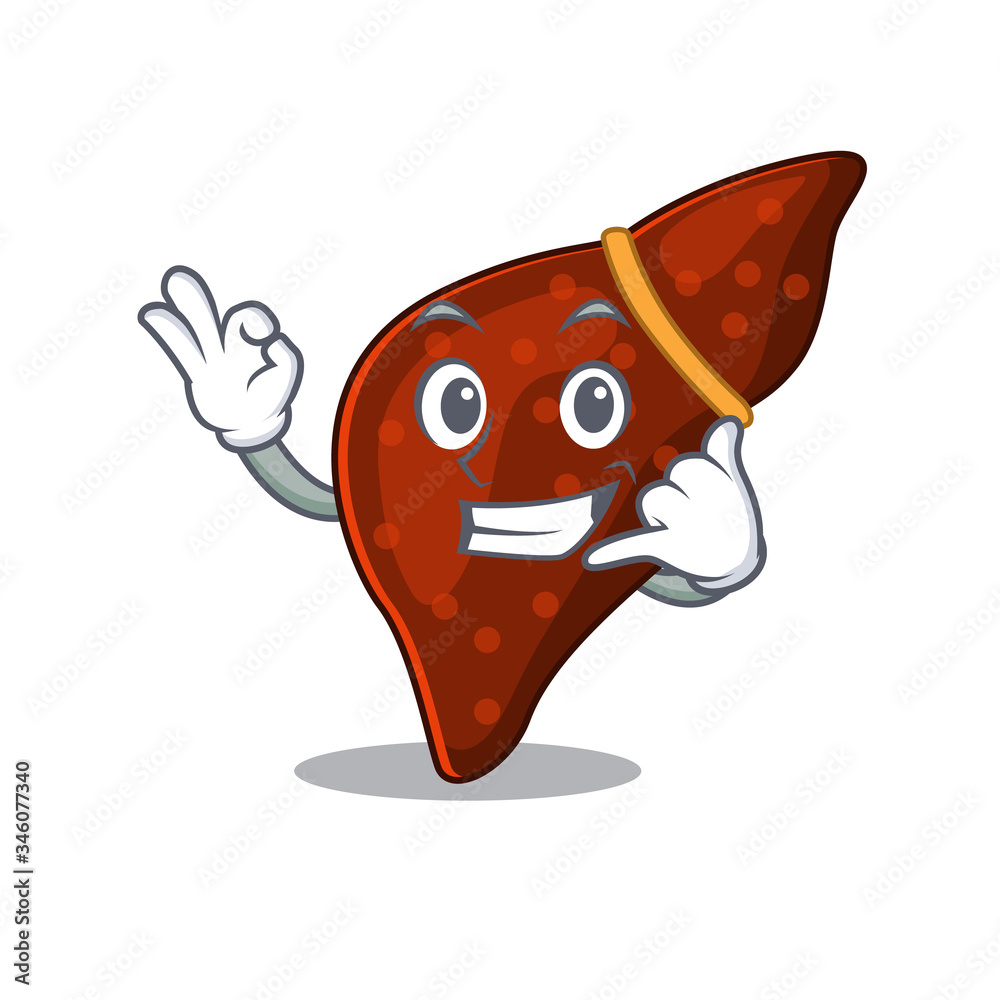 Cartoon design of human cirrhosis liver with call me funny gesture ...