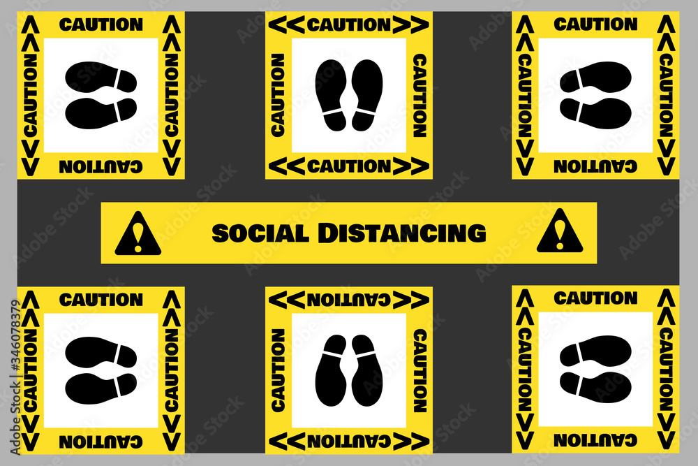 Footprint stencil sign in yellow frame with caution text. Keep zone and ...