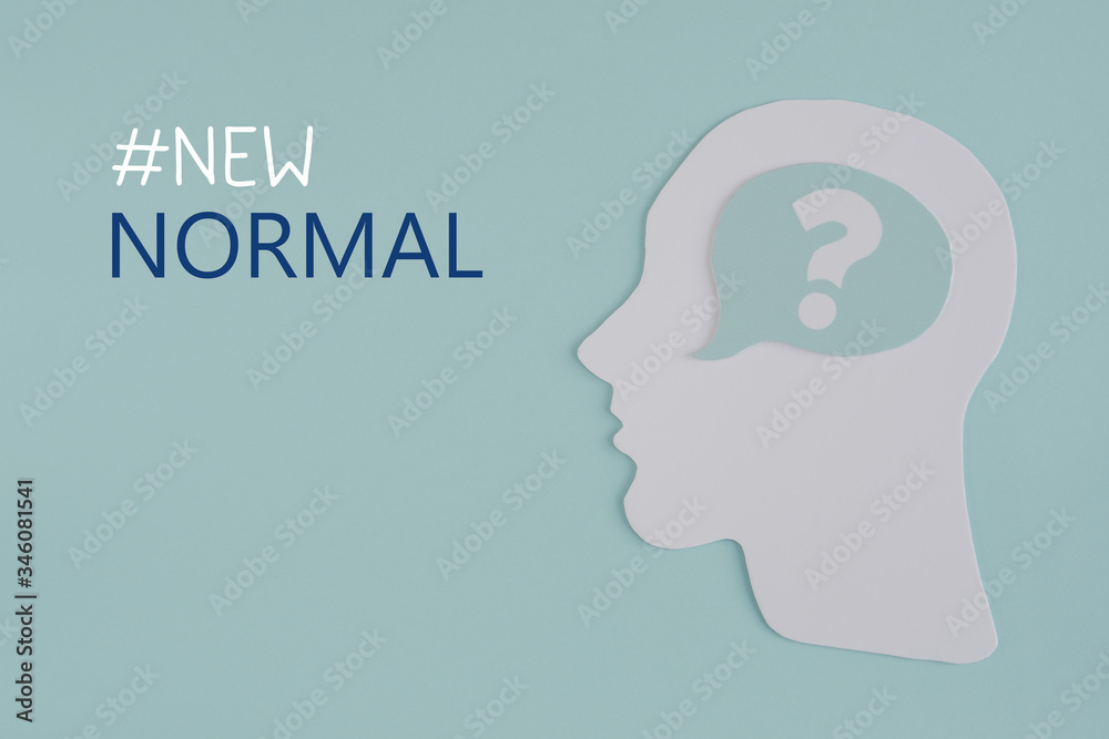 Human head with question mark inside paper cut out and word New Normal ...