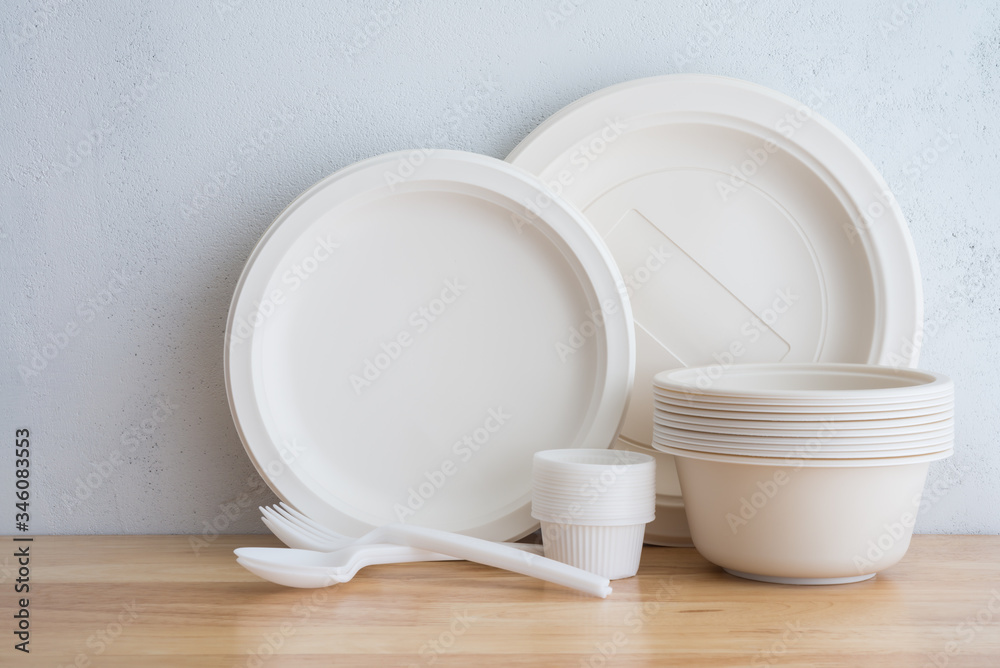 Natural eco-friendly disposable utensils (fork, spoon, dish plate, bowl ...