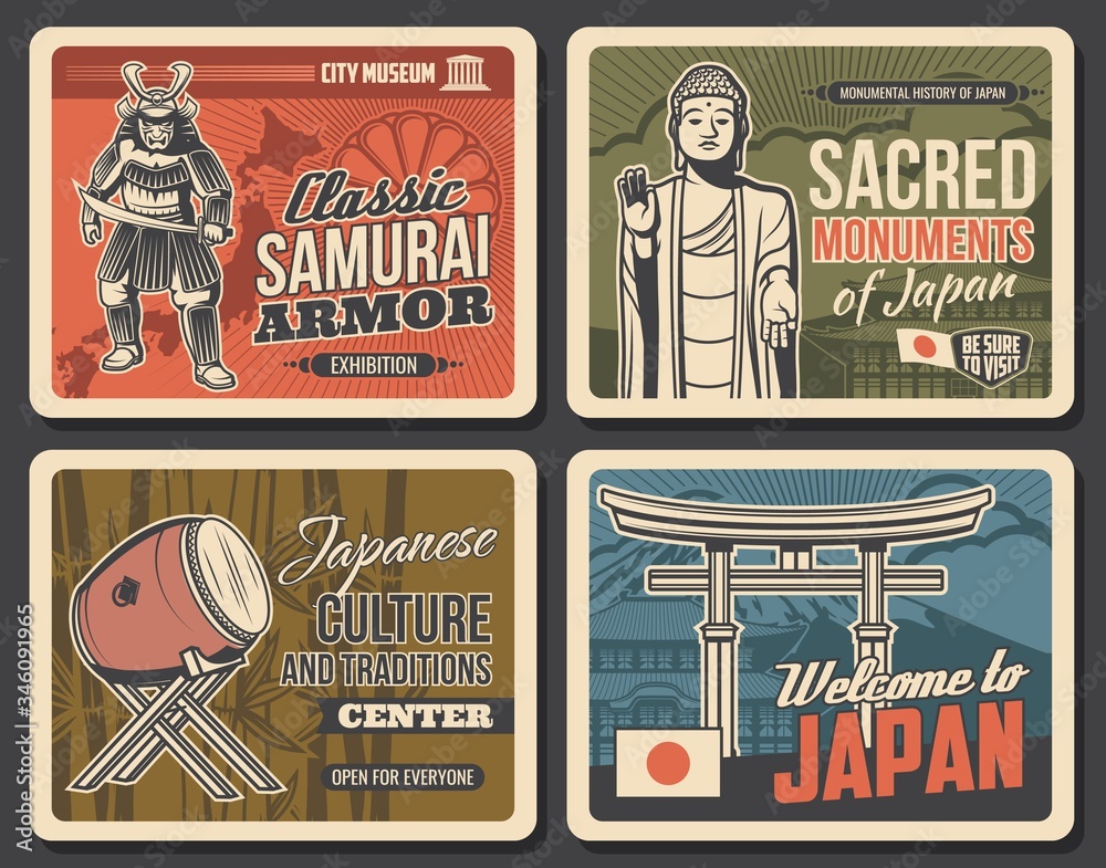 Japanese culture and traditions, Japan travel landmarks, vector vintage ...