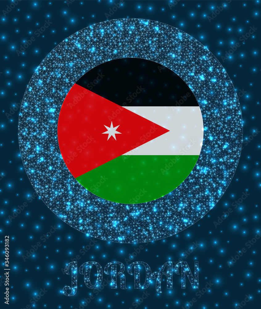 Round Jordan badge. Flag of Jordan in glowing network mesh style ...