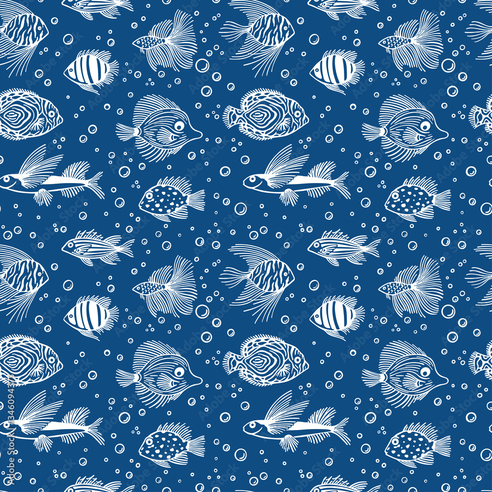 Seamless pattern with fish on classic blue background. Color is classic ...