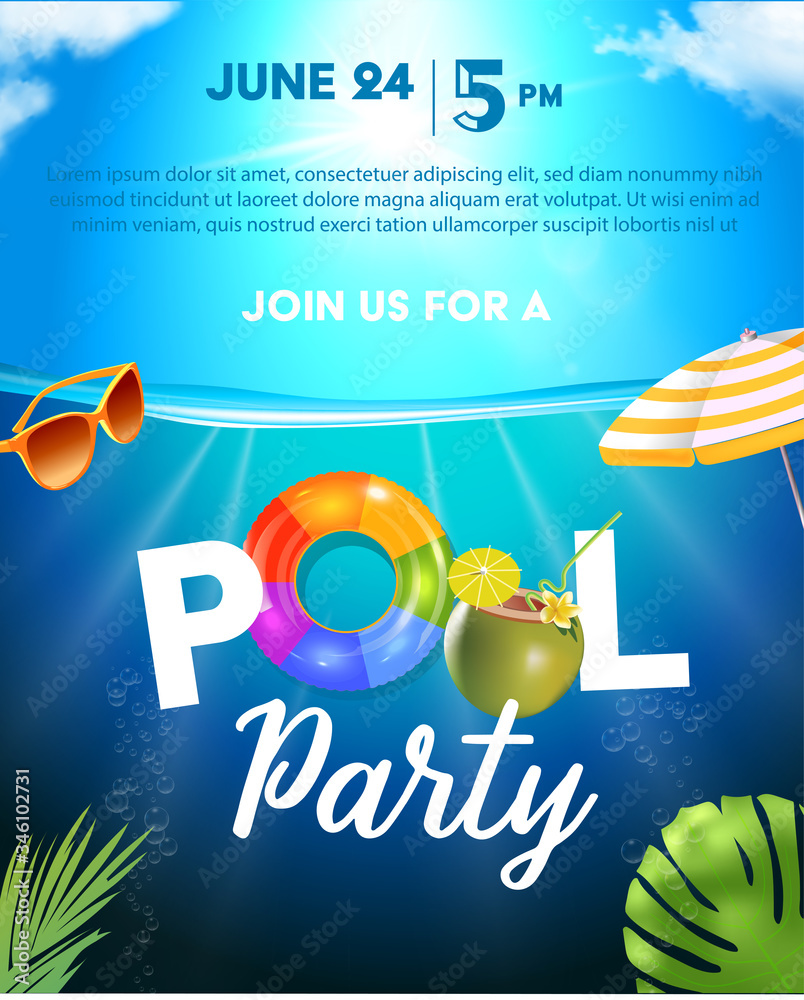 Pool Party Poster Template Background With Pool Surface Palm Leaves Pool Party Poster Template Background With Pool Surface Palm Leaves