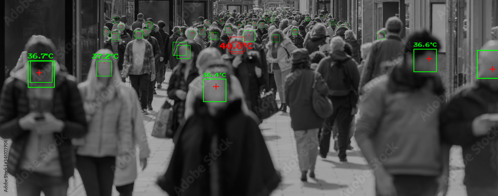 thermal cameras tracking crowd of people to protect their health. cctv ...