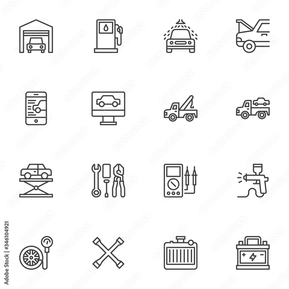 Car repair service line icons set, outline vector symbol collection ...
