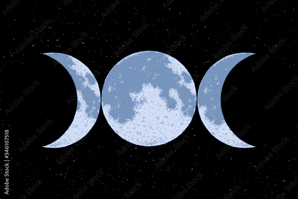 Triple goddess symbol on space background, three moons, wicca ...
